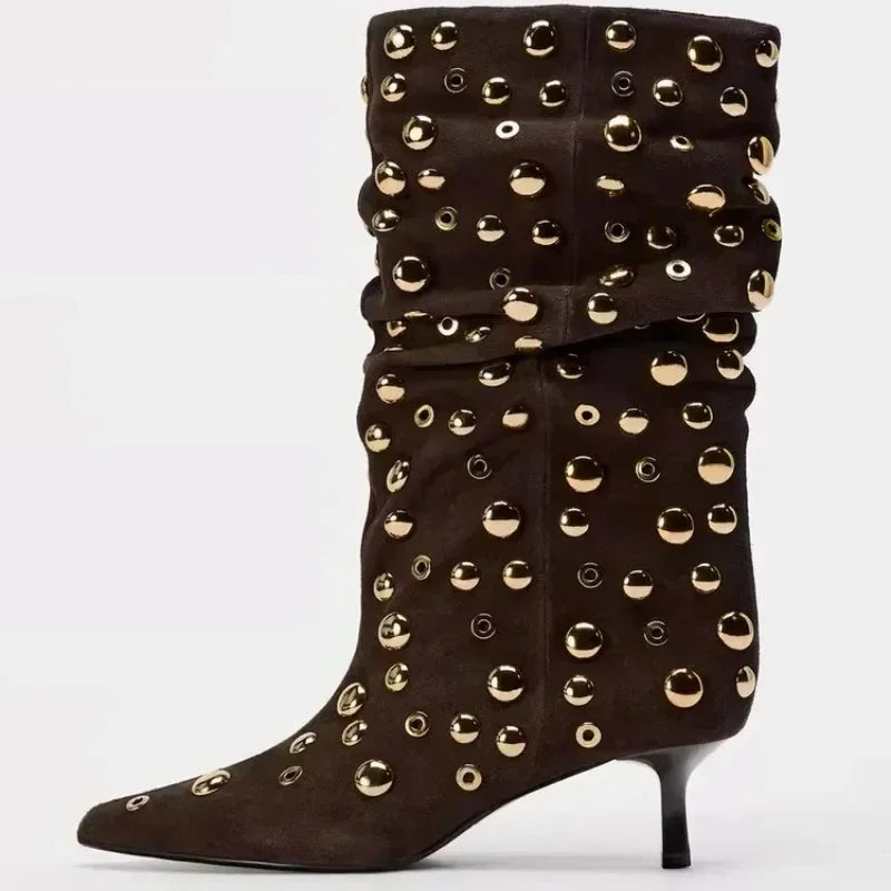 Attractive Rivet Pleated Tall Heel Pointed Gothic Boot – Shop PrincessAce
